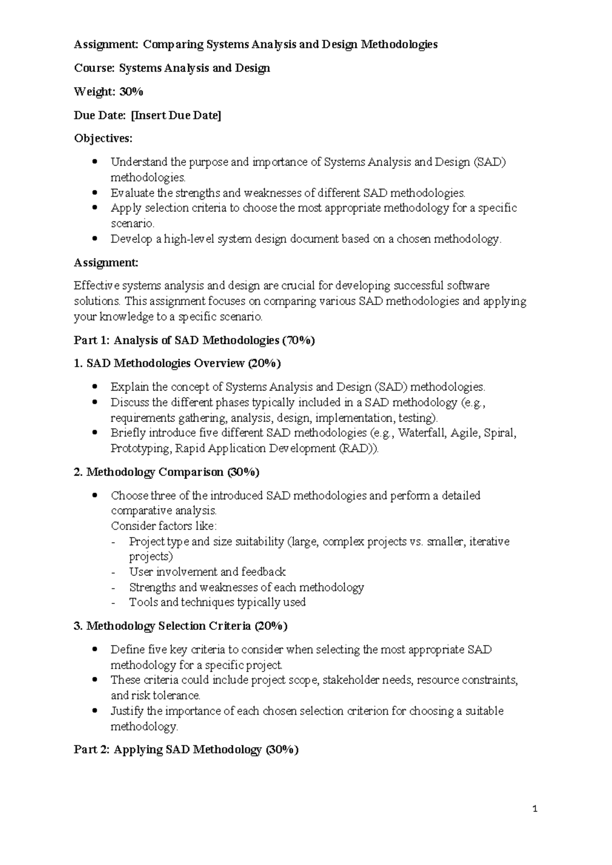 Assignment 1 May 2024 - Assignment: Comparing Systems Analysis and Design Methodologies Course ...