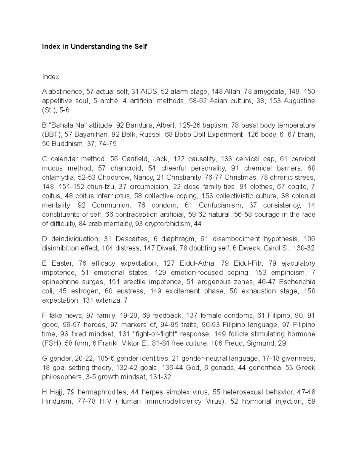 Index in Understanding the Self - Index in Understanding the Self Index A abstinence, 57 actual ...