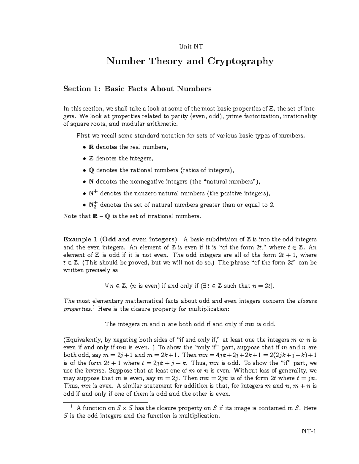 NT - Internet materials - Unit NT Number Theory and Cryptography Section 1: Basic Facts About ...