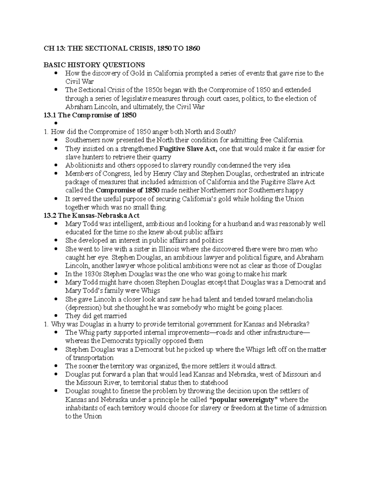 CH 13 The Sectional Crisis 1850 to 1860 - CH 13: THE SECTIONAL CRISIS ...