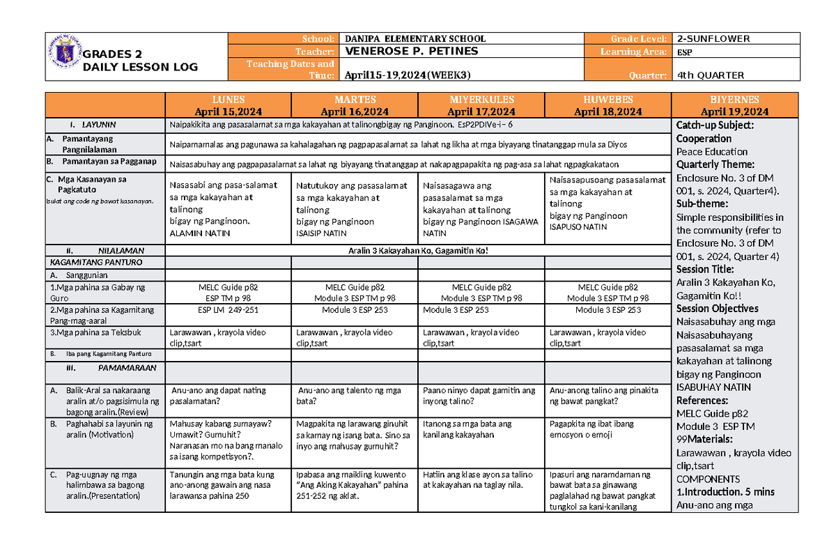 DLL All Subjects G2 Q4 WEEK3 - , GRADES 2 DAILY LESSON LOG School: DANIPA ELEMENTARY SCHOOL ...