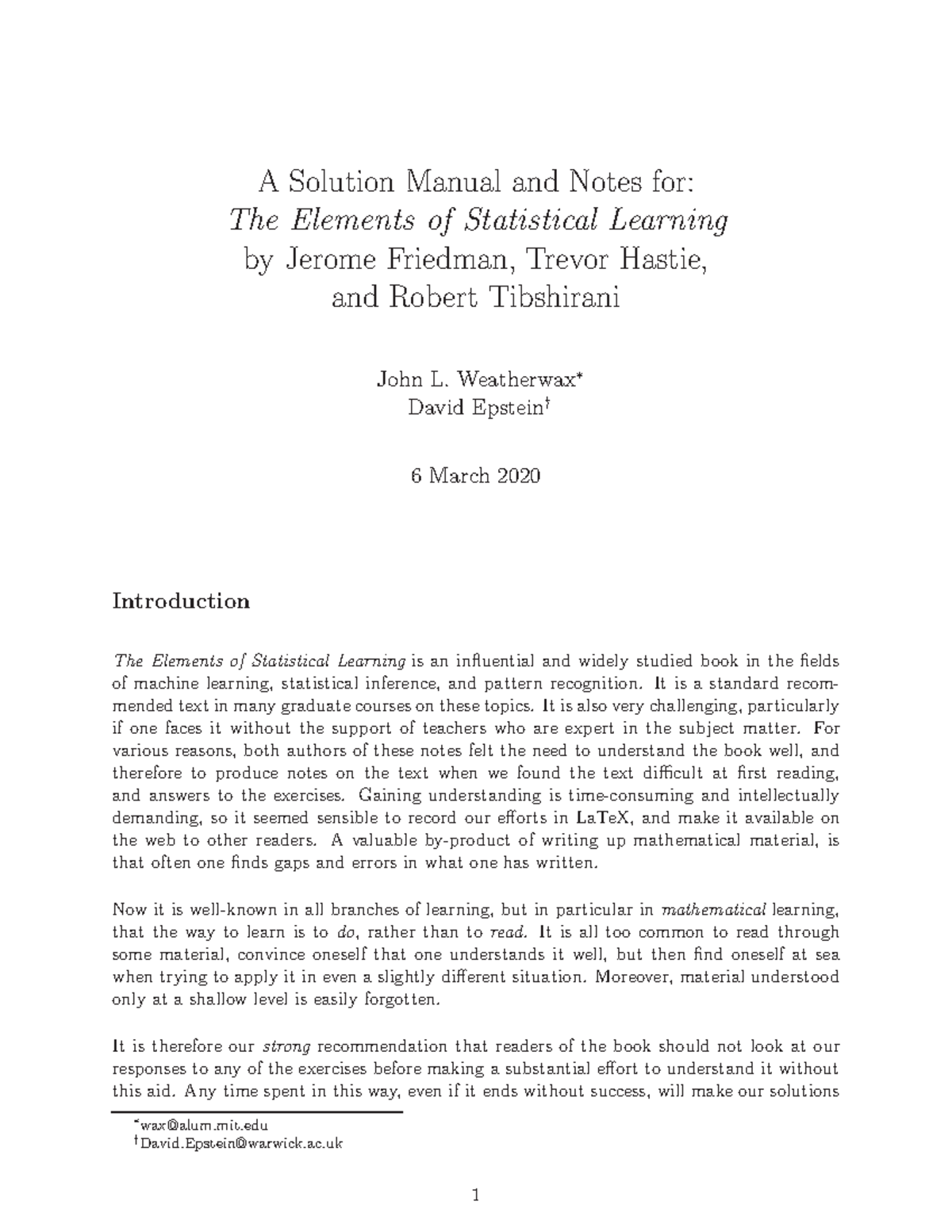 Solution - Weatherwax∗ David Epstein† 6 March 2020 Introduction The ...