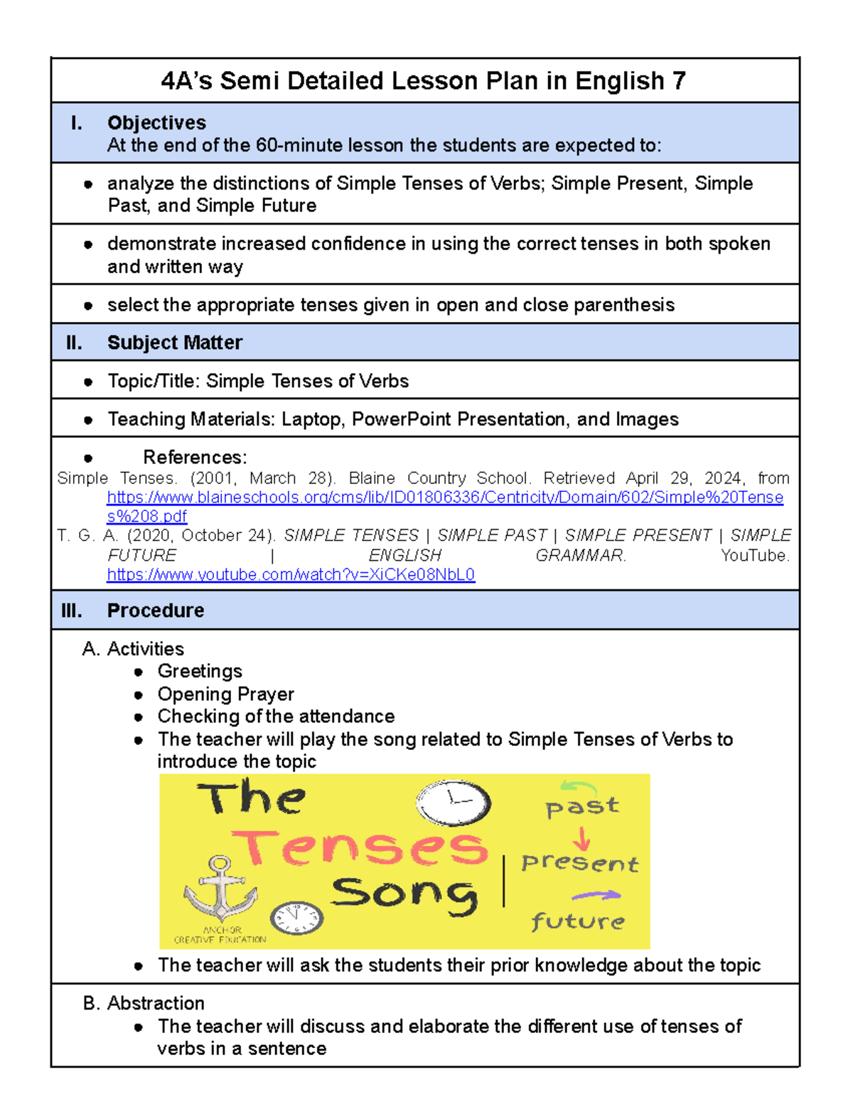 SEMI Detailed Lesson PLAN Tenses OF Verbs - 4A’s Semi Detailed Lesson ...