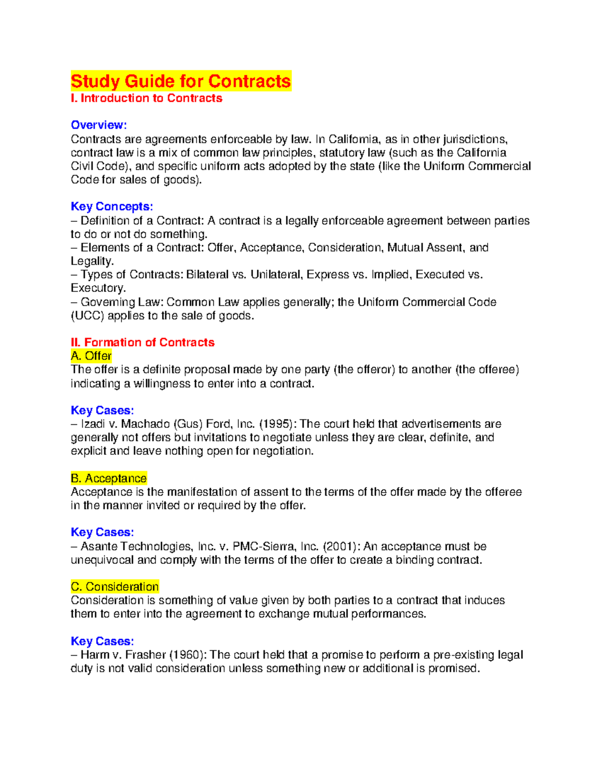 Study Guide for Contracts - Introduction to Contracts Overview ...