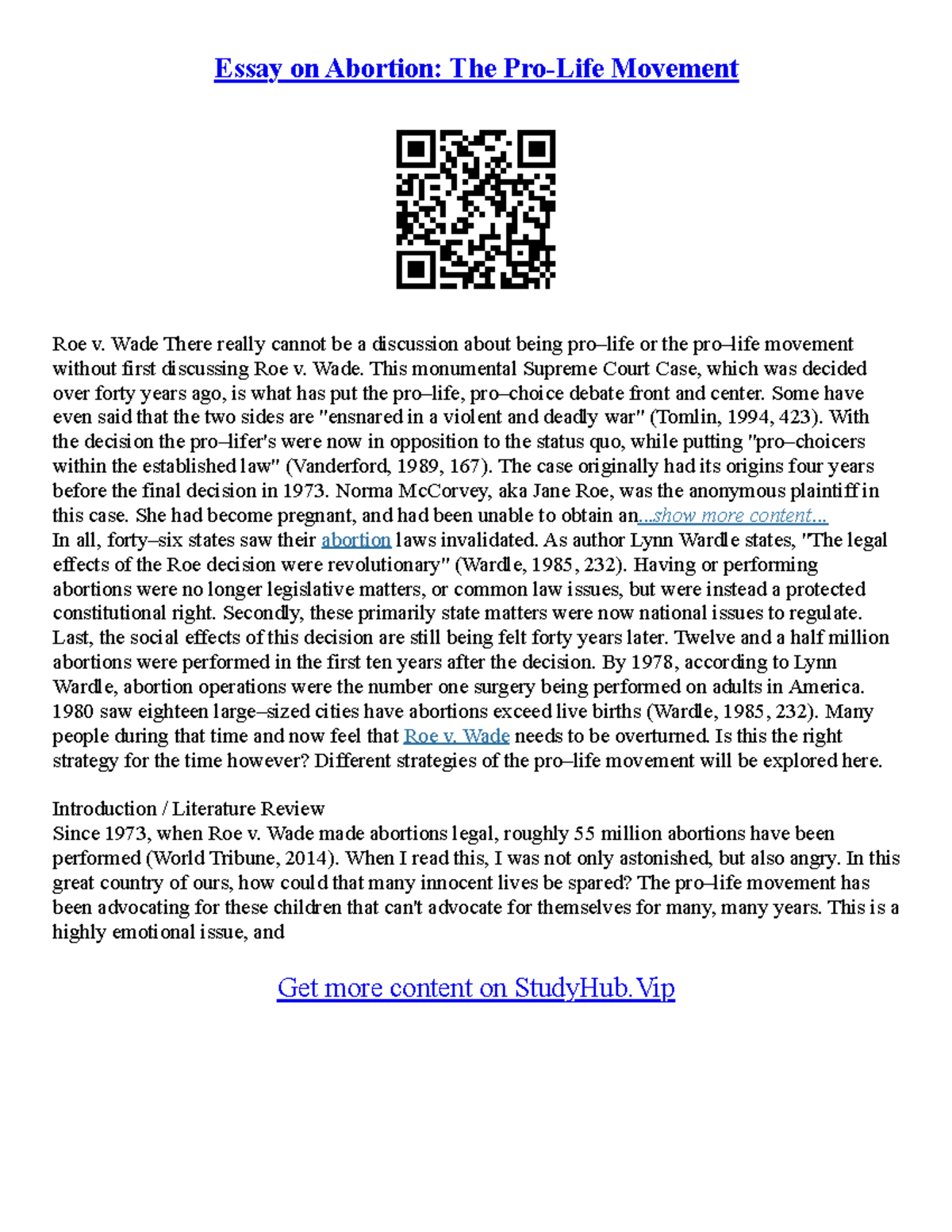 Abortion Essay Pro Life - Essay on Abortion: The Pro-Life Movement Roe ...