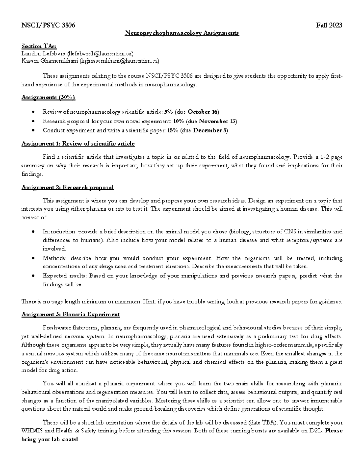 Neuropharm 2023 Assignment&Lab Syllabus - NSCI/PSYC 3506 Fall 2023 Neuropsychopharmacology - Studocu