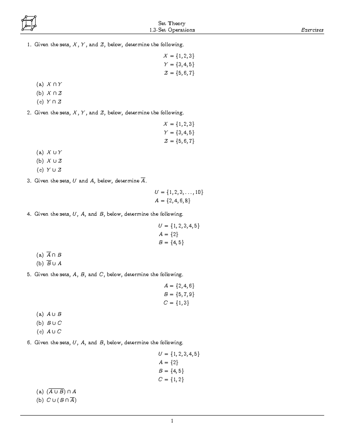 1 - Practice materials - Set Theory 1-Set Operations Exercises Given ...