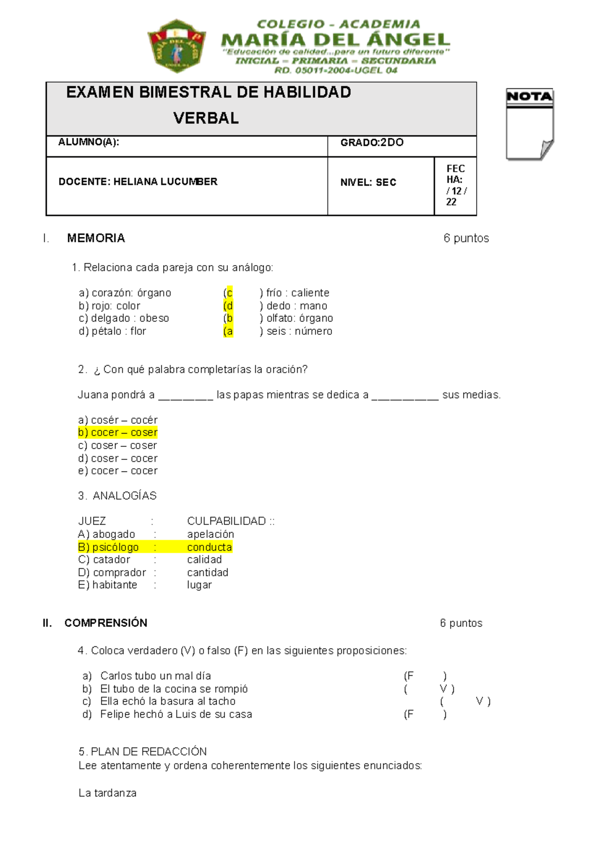 Examen Bimestral Habilidad Verbal 2DO SEC IV BIM - EXAMEN BIMESTRAL DE HABILIDAD VERBAL ALUMNO(A ...