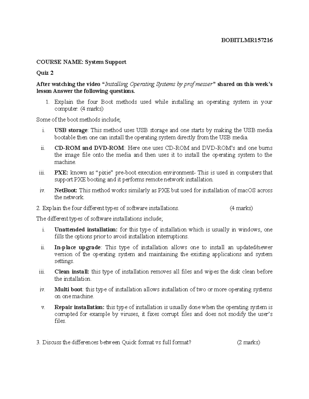 System support - Continuous assessment test - BOBITLMR COURSE NAME ...