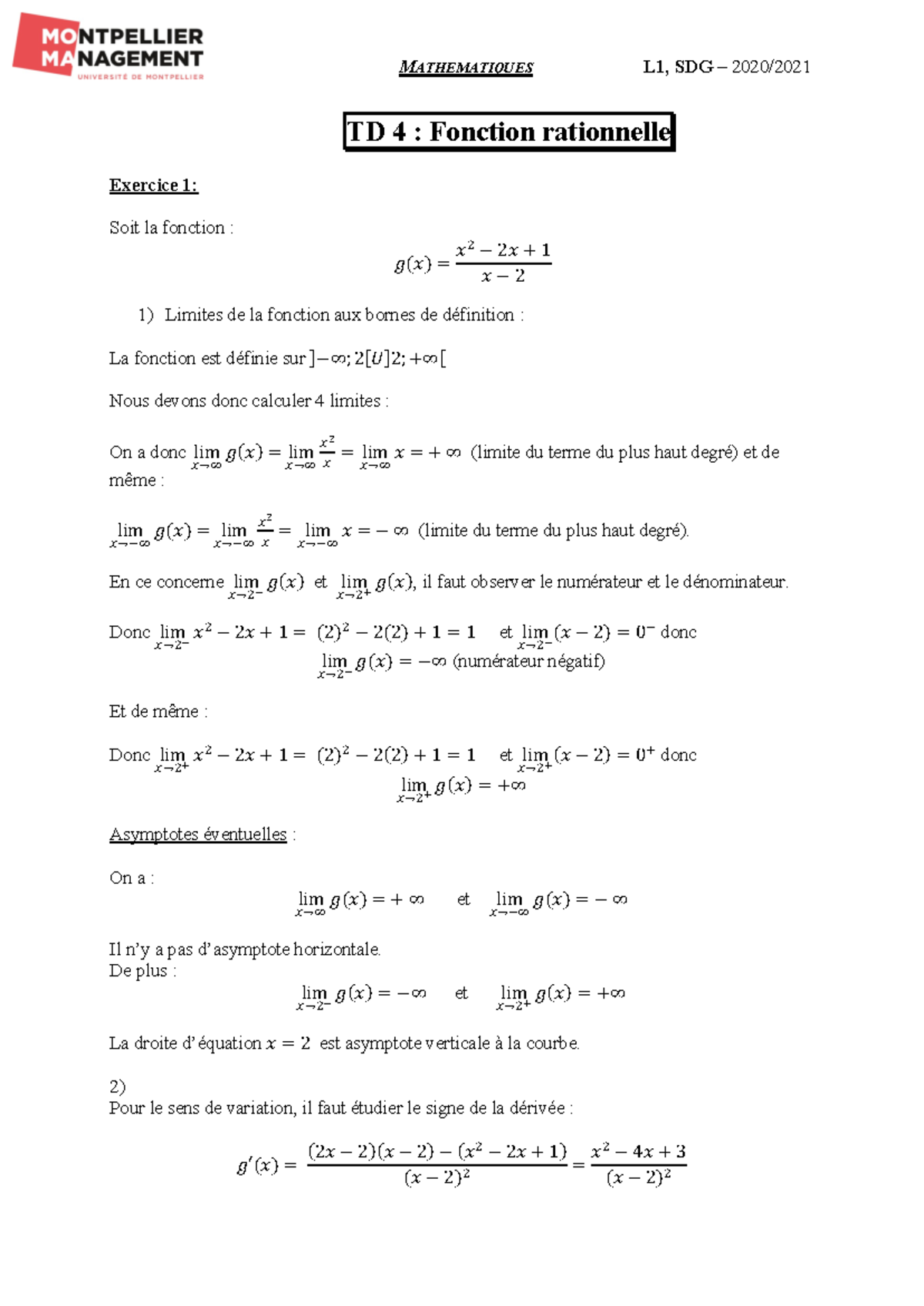 Etude de fonctions TD4 2020-2021-correction - TD 4 : Fonction rationnelle ####### Exercice 1 ...