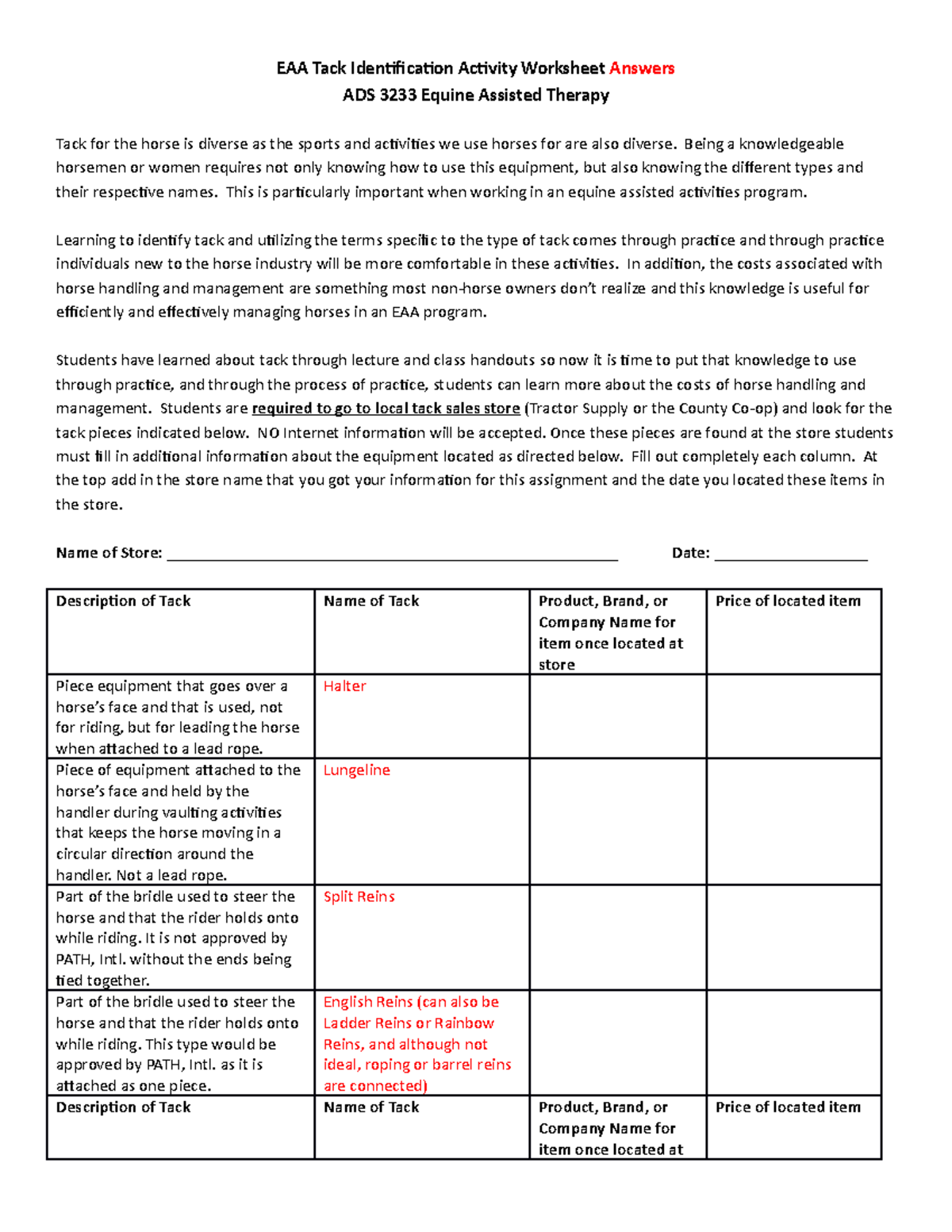 Tack Identification Activity Worksheet Answers - Being a knowledgeable ...