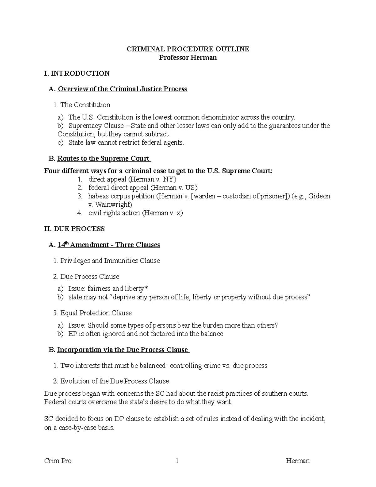 Criminal Procedure Outline Herman - CRIMINAL PROCEDURE OUTLINE ...