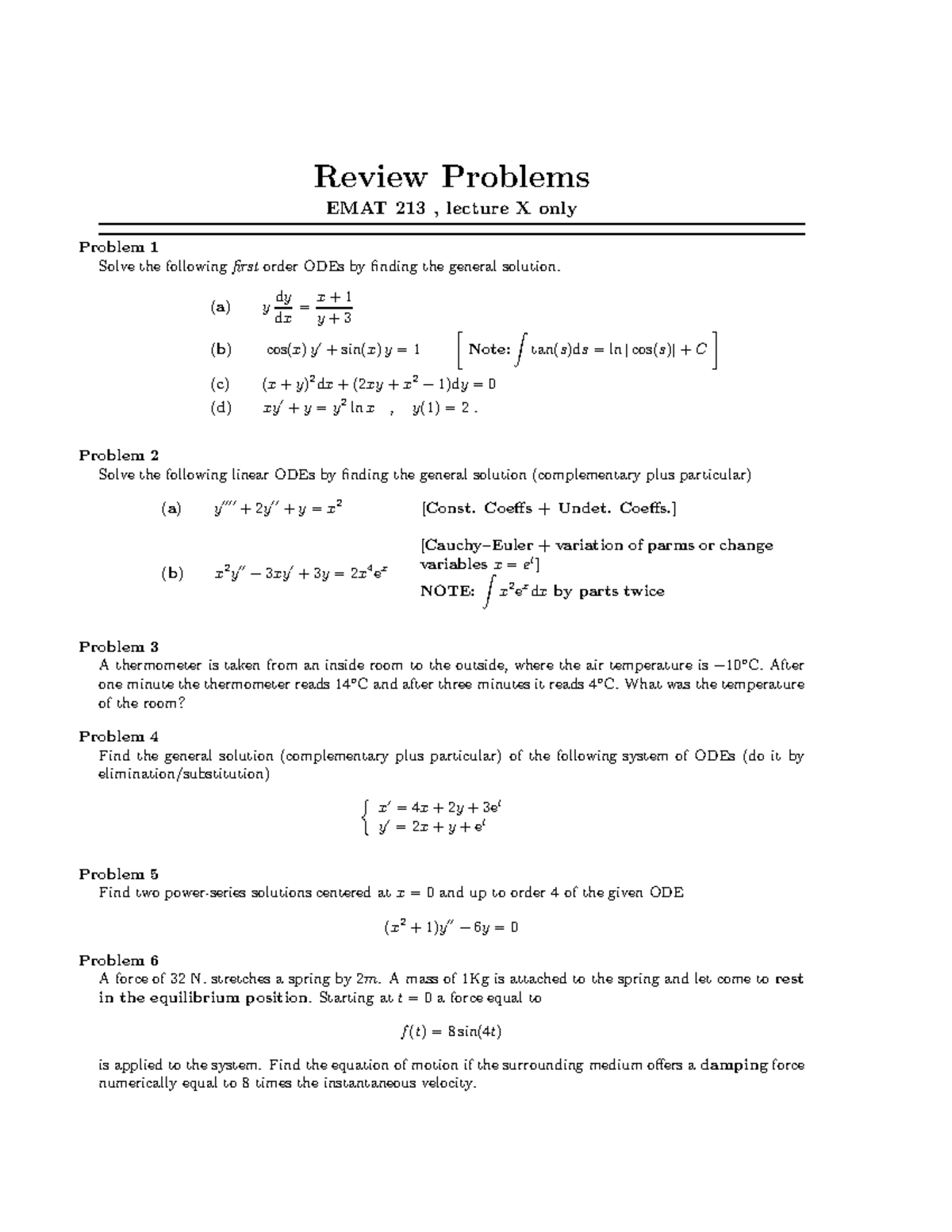 Review problems - Exam Paper - Review Problems EMAT 213 , lecture X ...