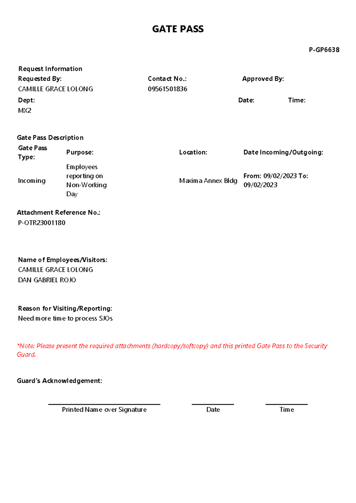Printout P-GP6638 - GATE PASS P-GP Request Information Requested By ...