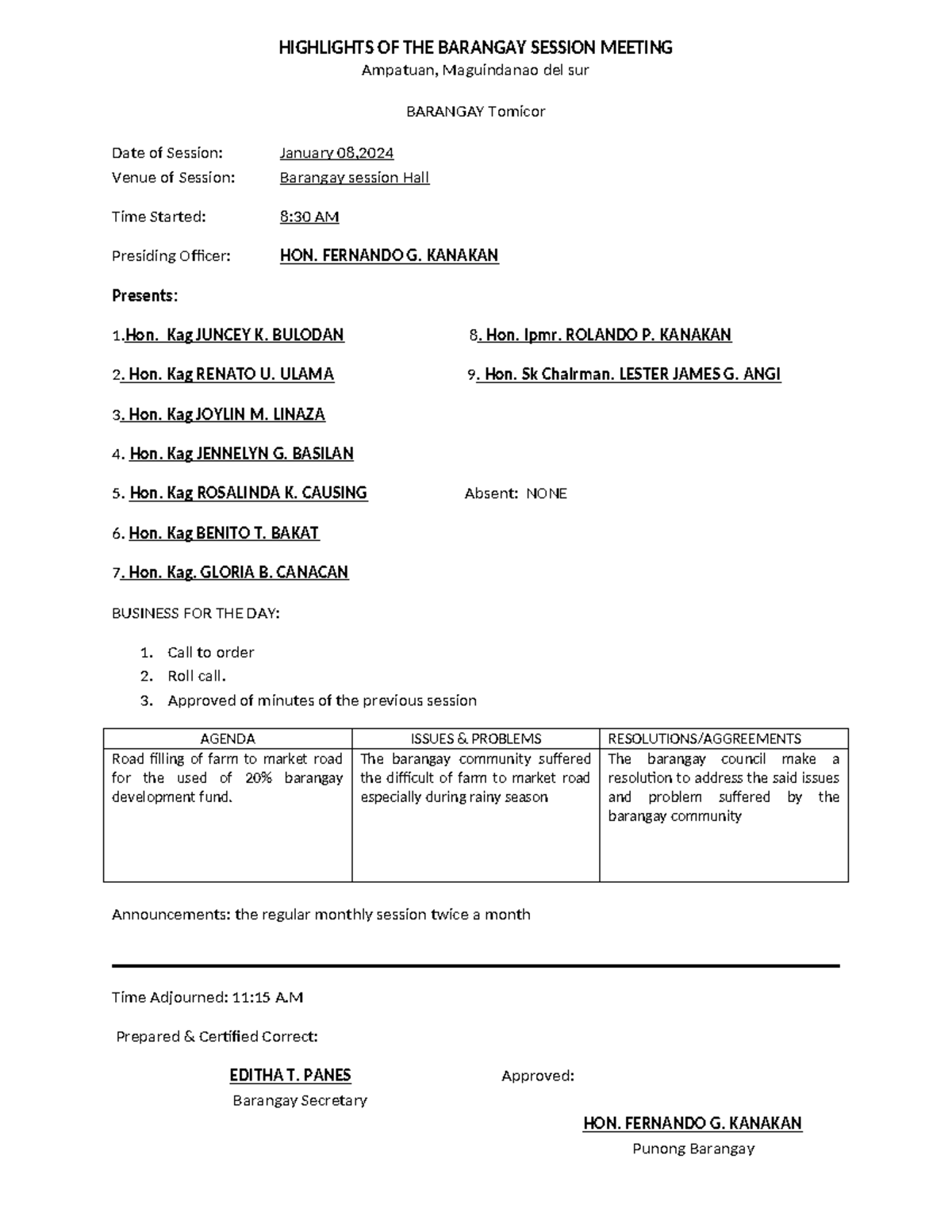 Barangay Session form - REQUIRMENTS - HIGHLIGHTS OF THE BARANGAY ...