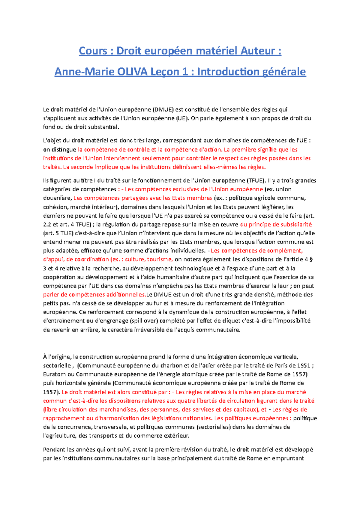 Fiche lecon 1 droit euop l3 - Droit Européen - UT Capitole - Studocu