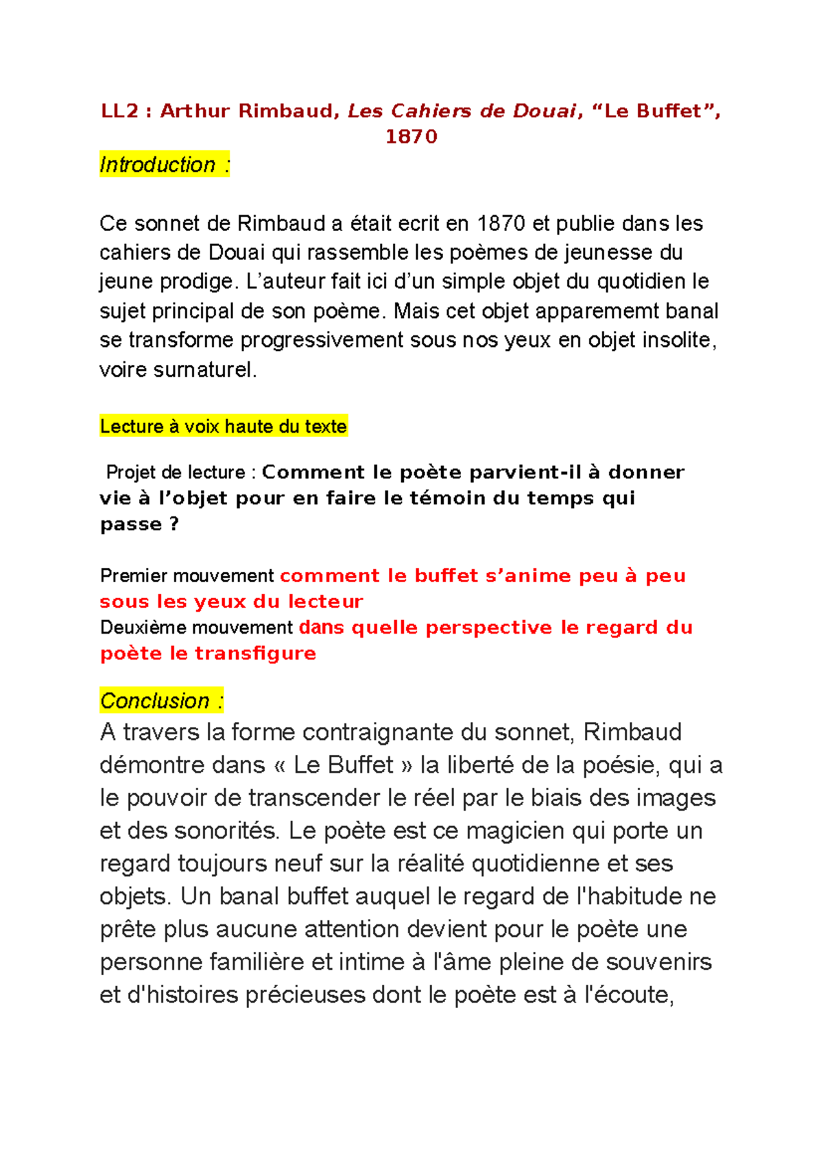 Prise de notes LL2 Les Cahiers de Douai Le Buffet - LL2 : Arthur ...