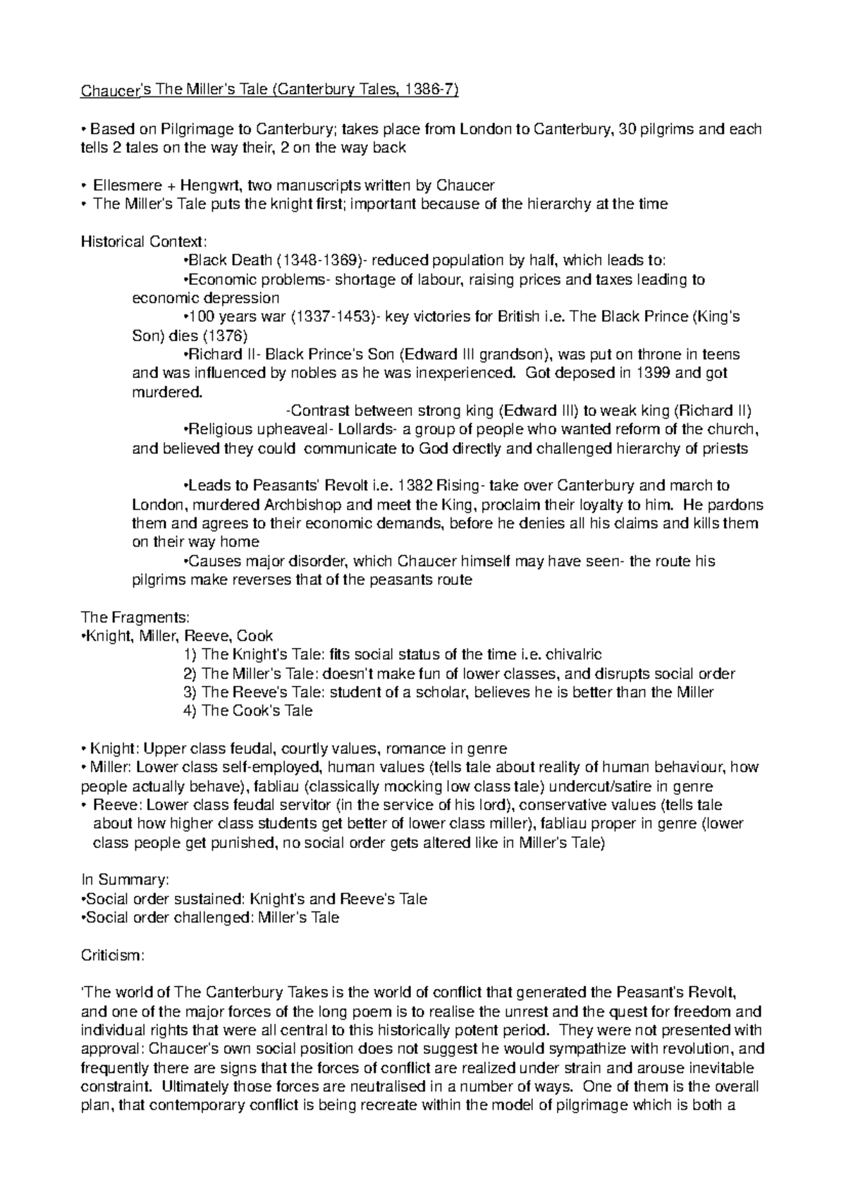 The Miller's Tale - Lecture notes 3 - Chaucer’s The Miller’s Tale ...