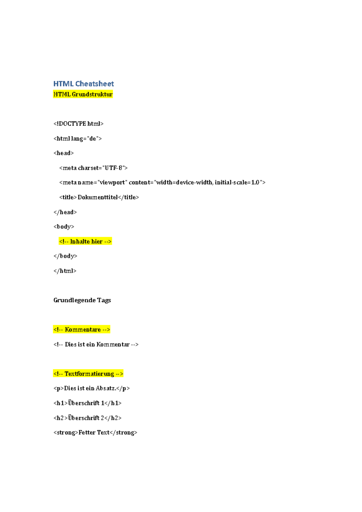 HTML Cheatsheet - Zusammenfassung Internettechnologien - HTML Cheatsheet HTML Grundstruktur ...