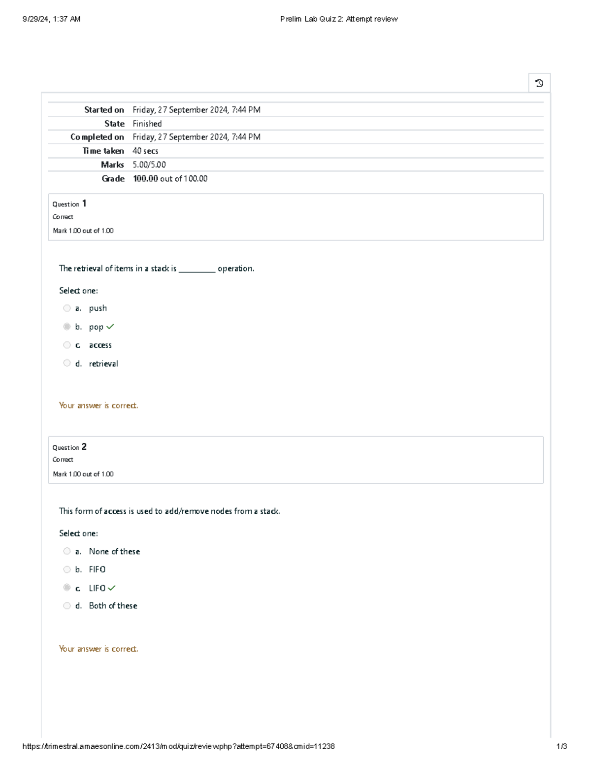 Algorithm lab quiz 2 - Started on Friday, 27 September 2024, 7:44 PM State Finished Completed on ...