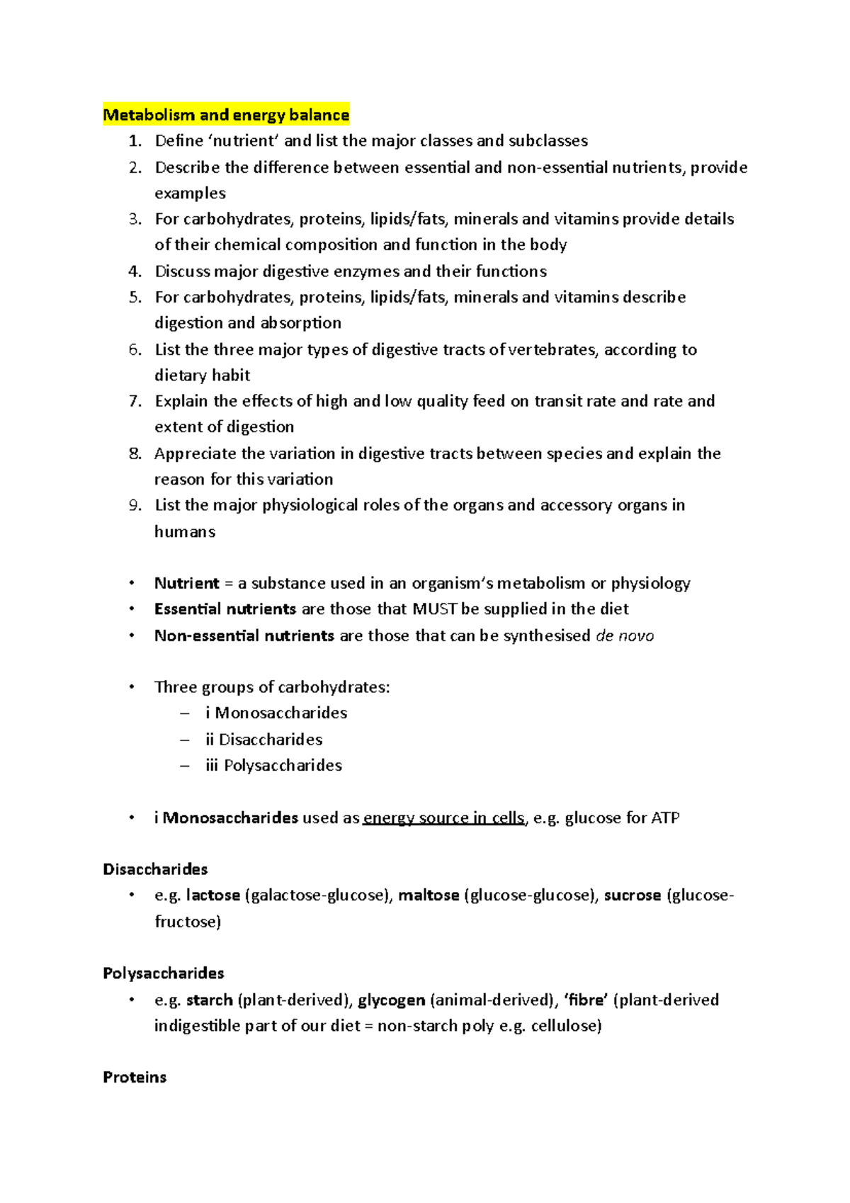 Metabolism and energy balance - Define ‘nutrient’ and list the major ...