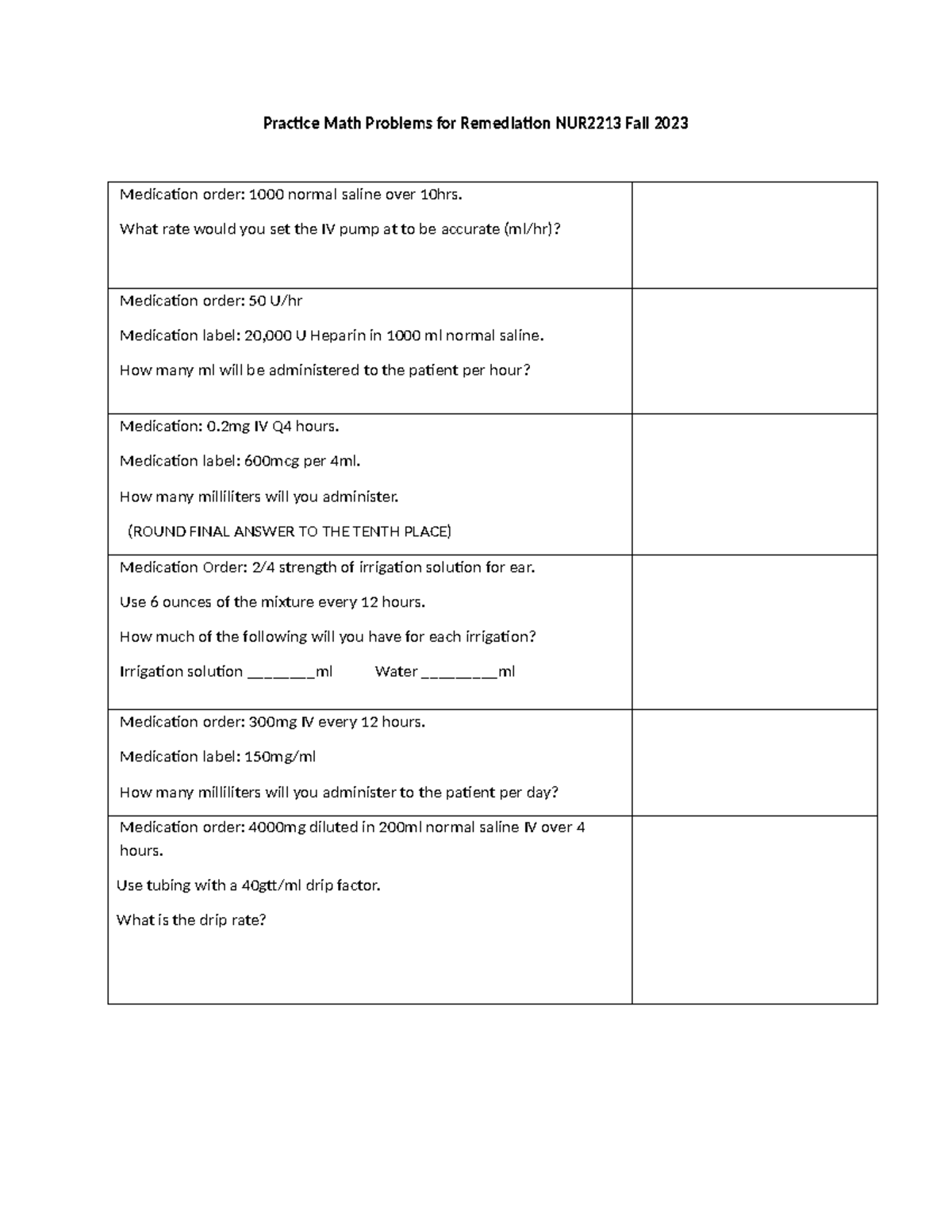 Practice Math Problems for Remediation NUR2213 Fall 2023 - What rate ...