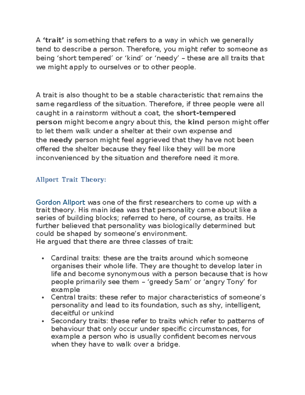 Allport trait theory - Copy - A ‘trait’ is something that refers to a ...