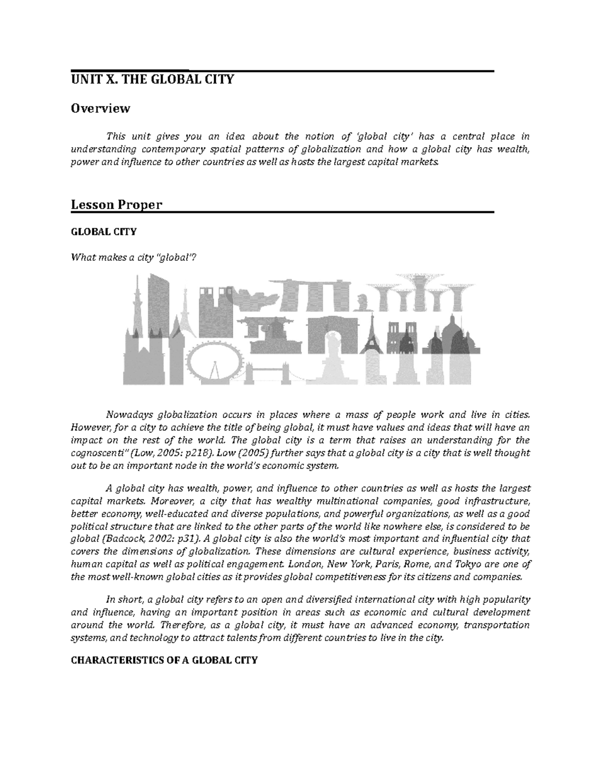 UNIT X THE Global CITY - notes - UNIT X. THE GLOBAL CITY Overview This ...