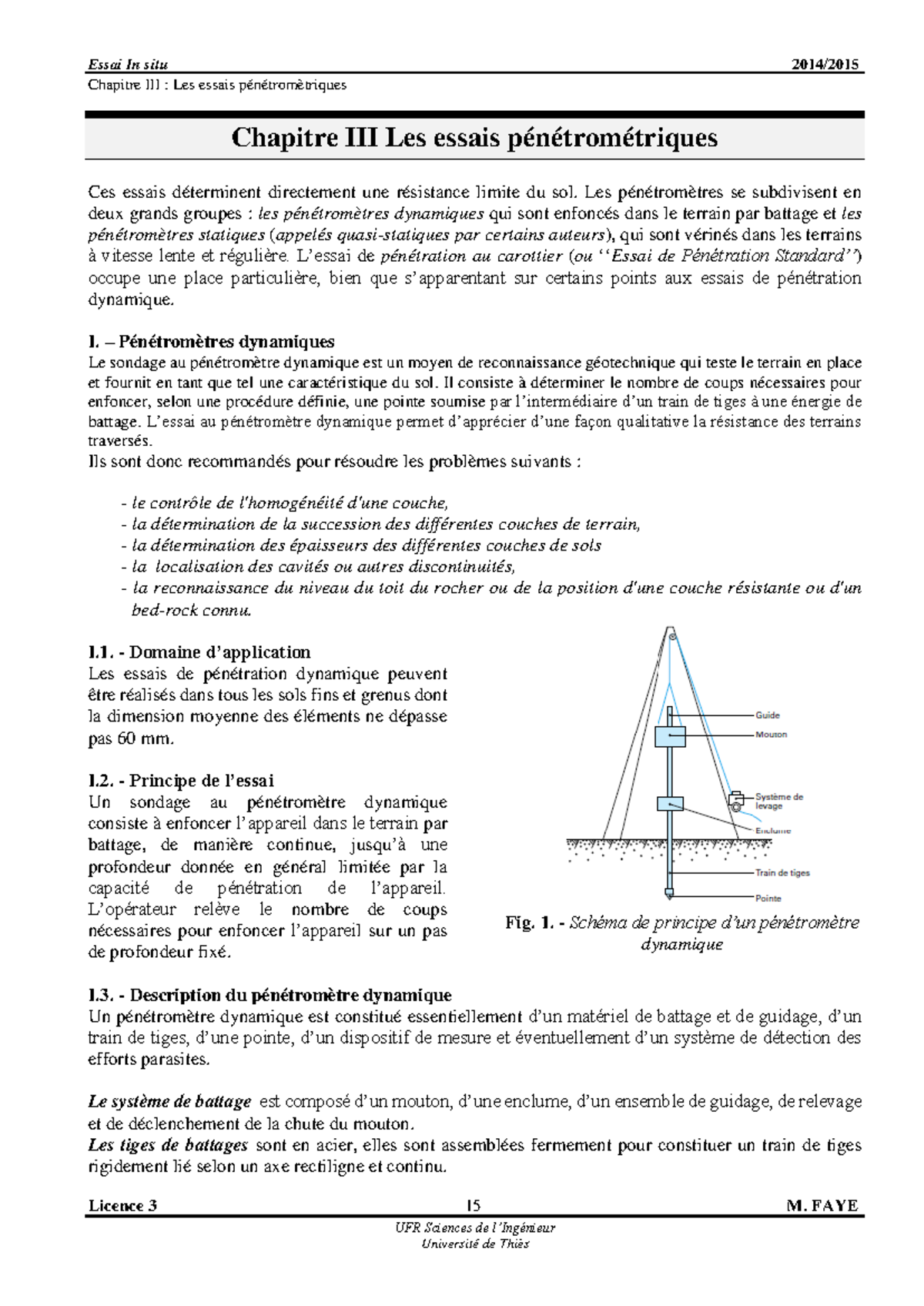 Chapitre 3 Les essais pénétrométriques - Chapitre III : Les essais pénétromètriques Licence 3 15 ...