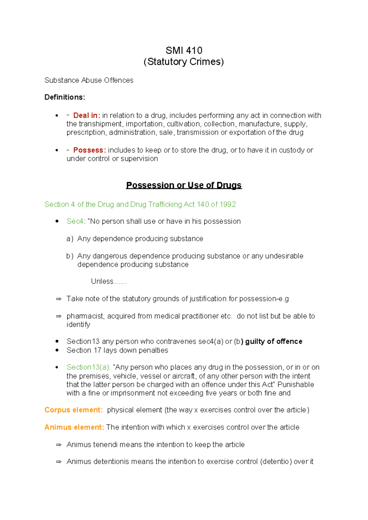 SMI 410 Notes - Summary - SMI 410 (Statutory Crimes) Substance Abuse ...