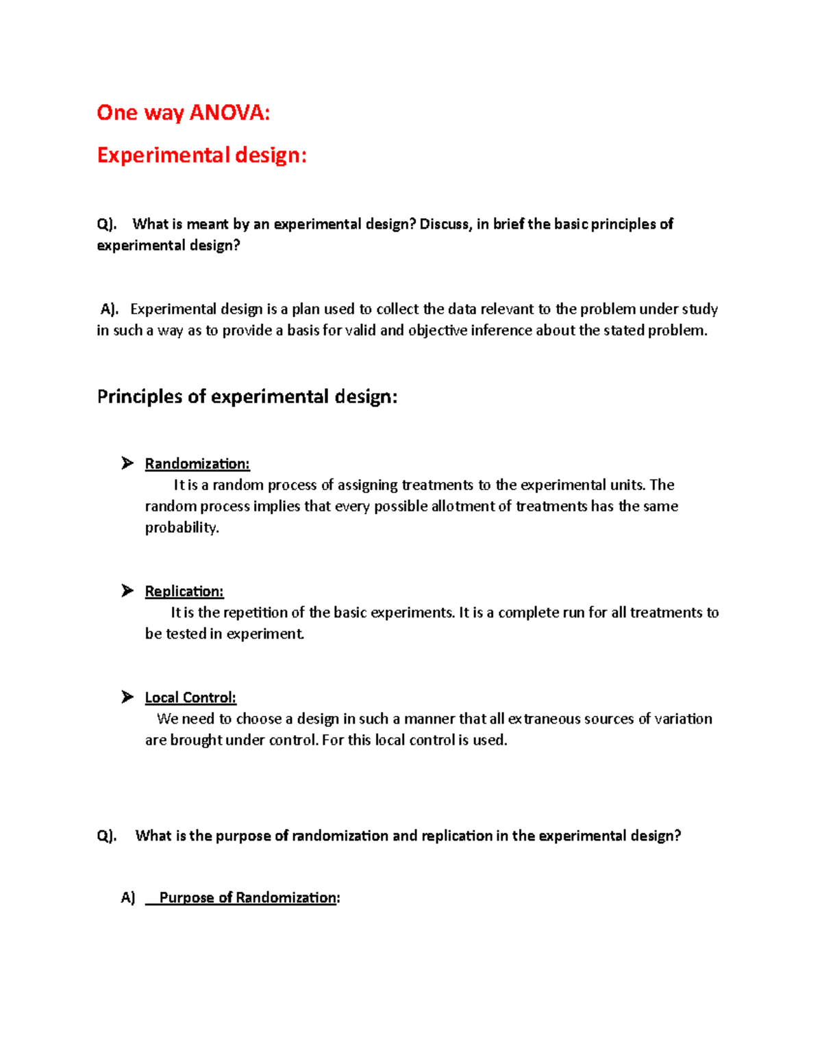 One way analysis of variance of Experimental Design - One way ANOVA ...
