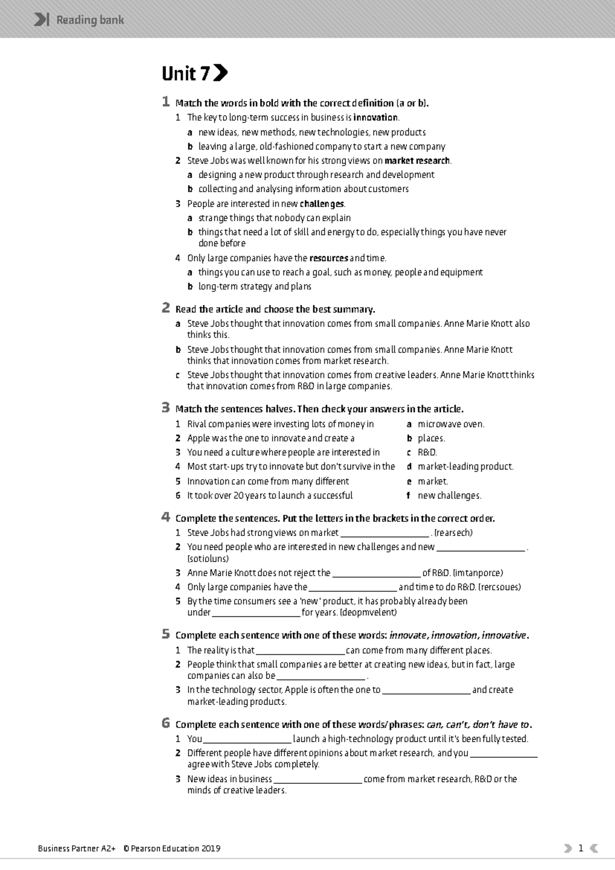Bus Part A2P Reading Bank U7 - Reading bank Unit 7 1 Match the words in bold with the correct ...