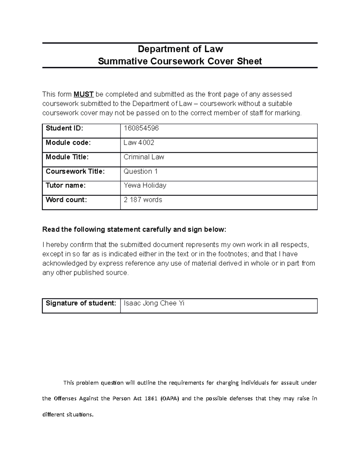 Summative Assignment Final - Department of Law Summative Coursework ...
