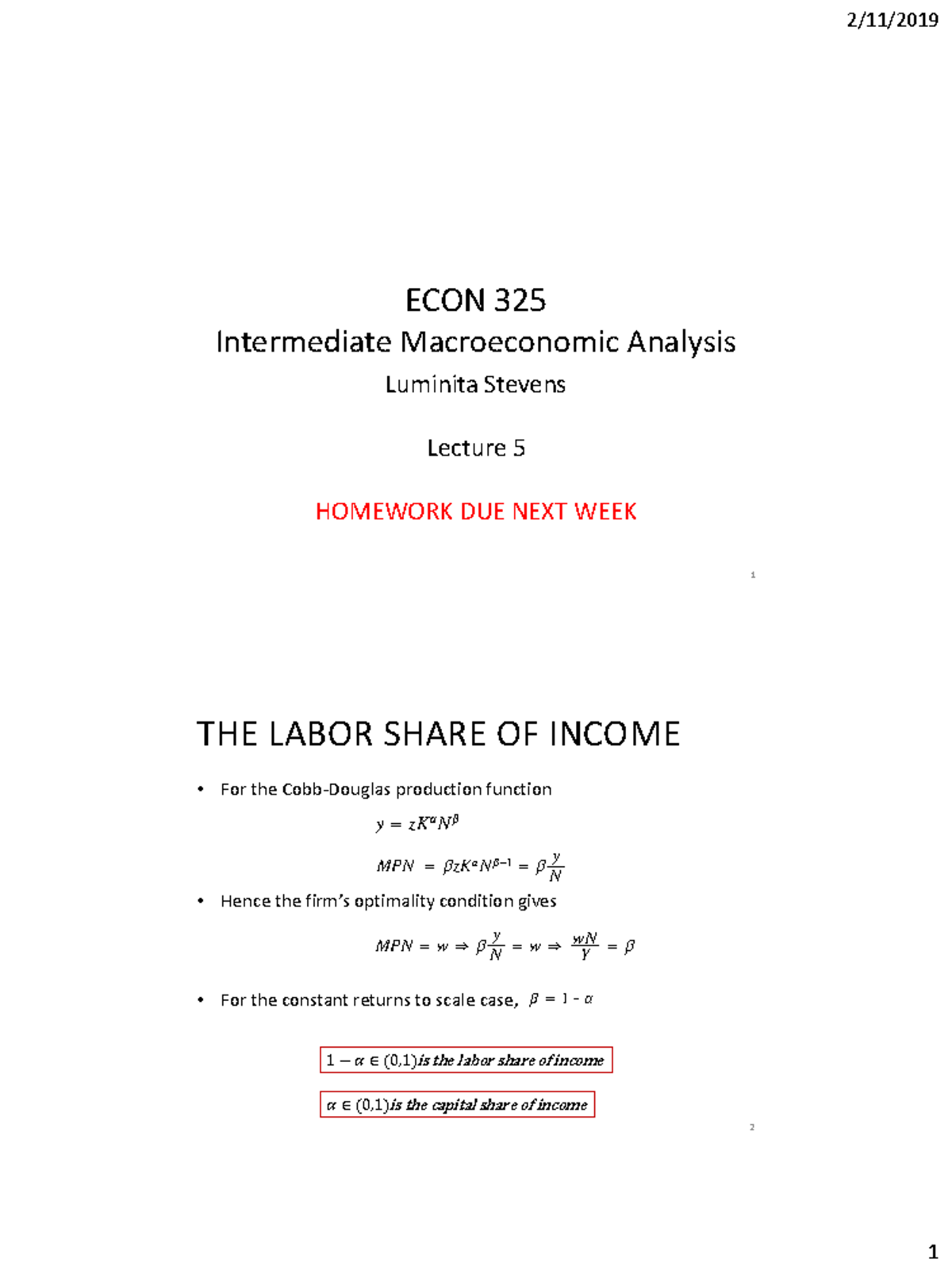 ECON 325 Lecture Notes 05 The US Labor Market - 2/11/2019 ECON 325 ...