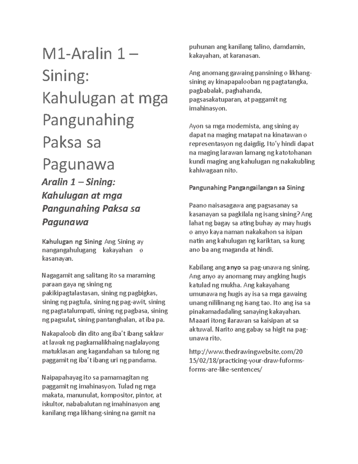 M1-M5- Malikhain - M1-Aralin 1 – Sining: Kahulugan at mga Pangunahing Paksa sa Pagunawa Aralin 1 ...
