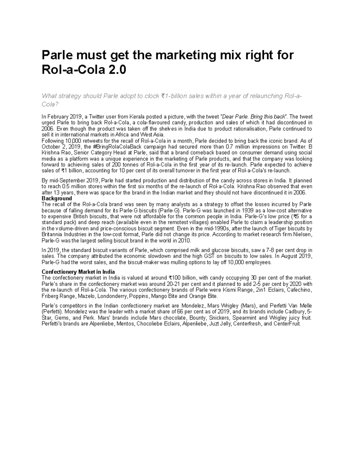 Role a cola - Case Study - Parle must get the marketing mix right for ...