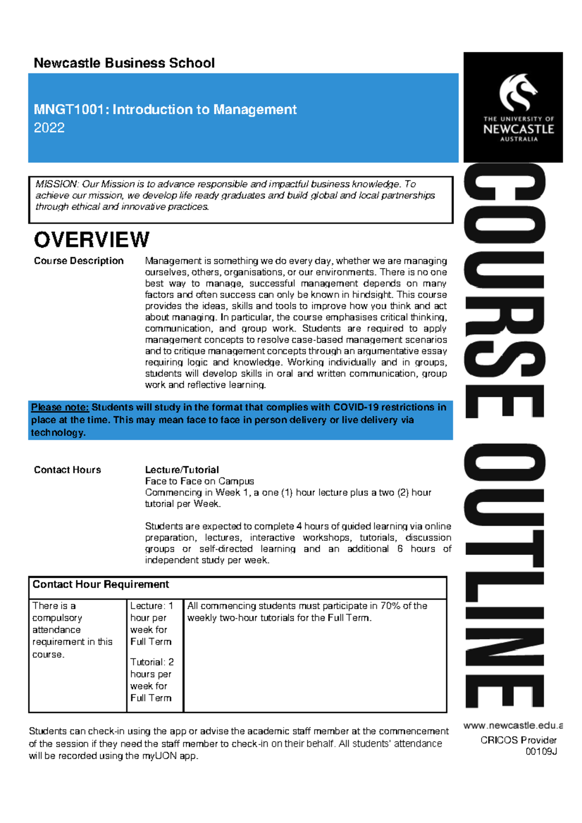 Introduction to management course outline - Newcastle Business School ...