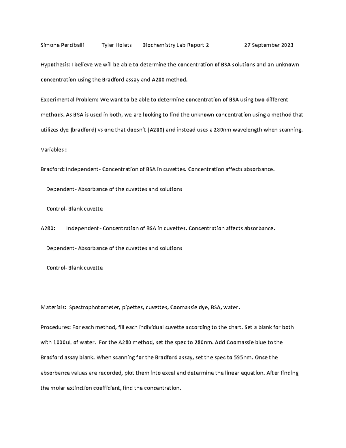 Biochem lab 2 - yuh - Simone Perciballi Tyler Holets Biochemistry Lab ...