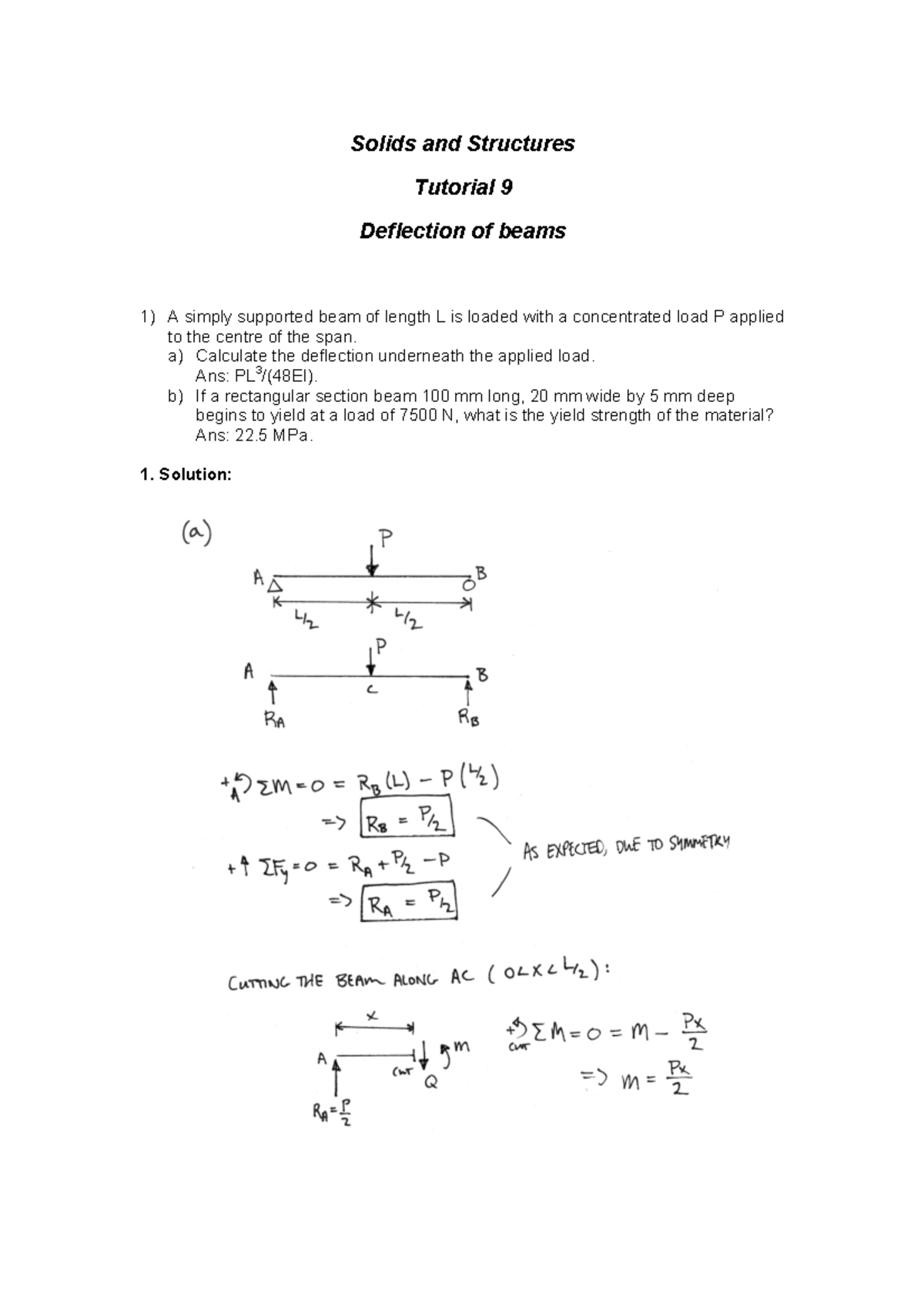 Tutorial 09 Beam Deflection-Solutions - Solids and Structures Tutorial ...