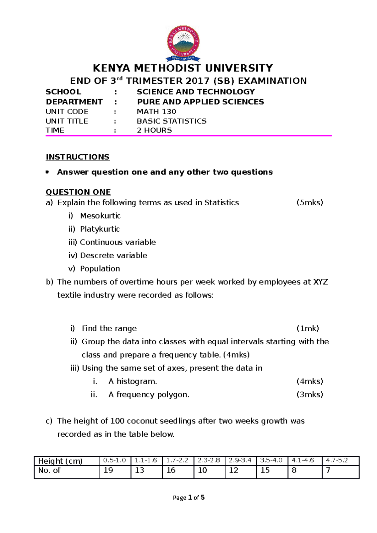 Basic Statistics (MATH 130) 3RD Trimester 2017 - KENYA METHODIST ...