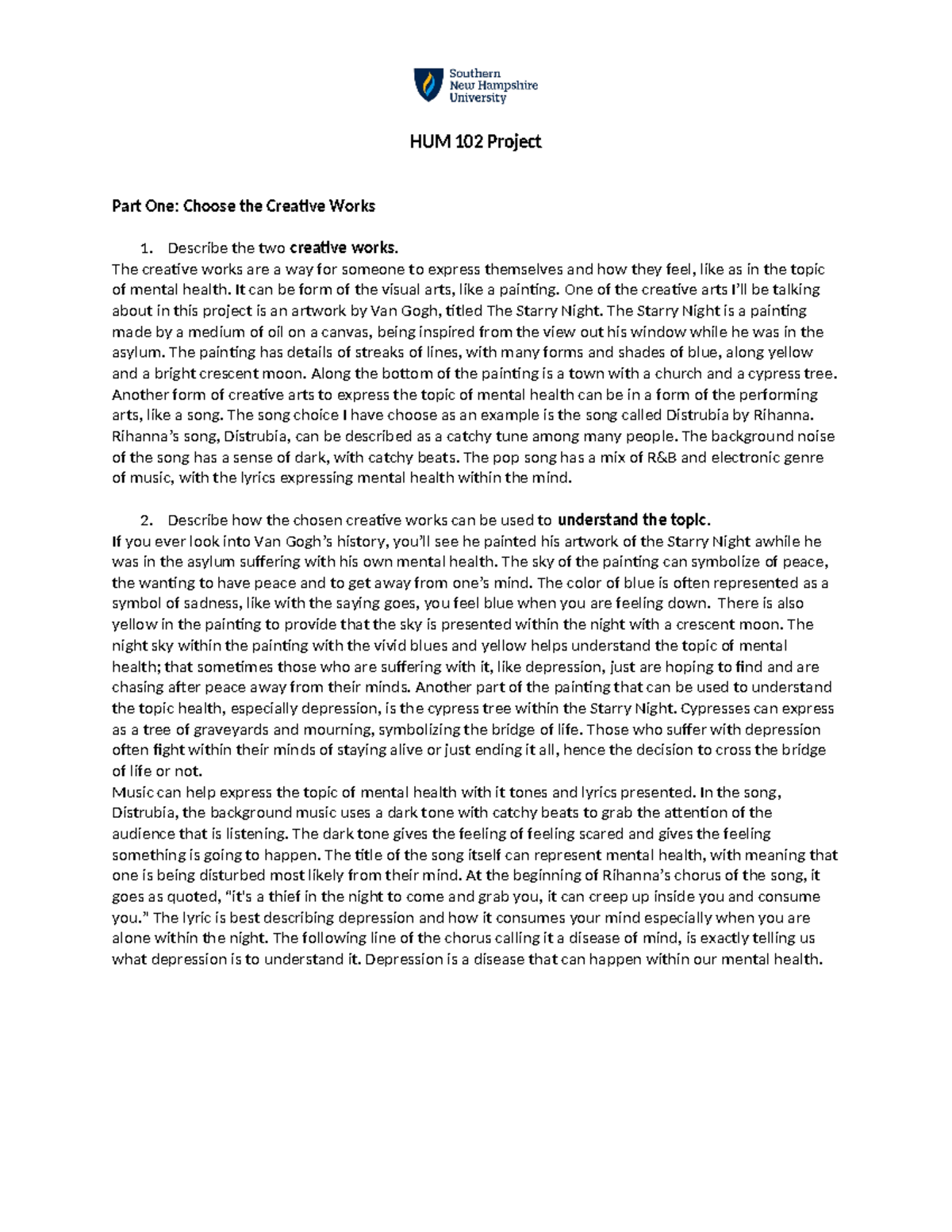 HUM 102 Project - HUM 102 Project Part One: Choose the Creative Works 1 ...
