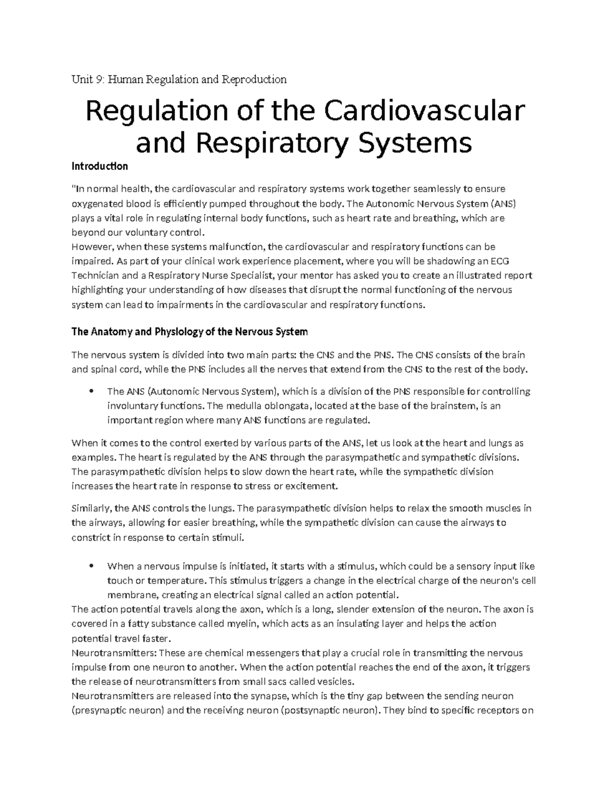 Document 26 - Unit 9: Human Regulation and Reproduction Regulation of ...