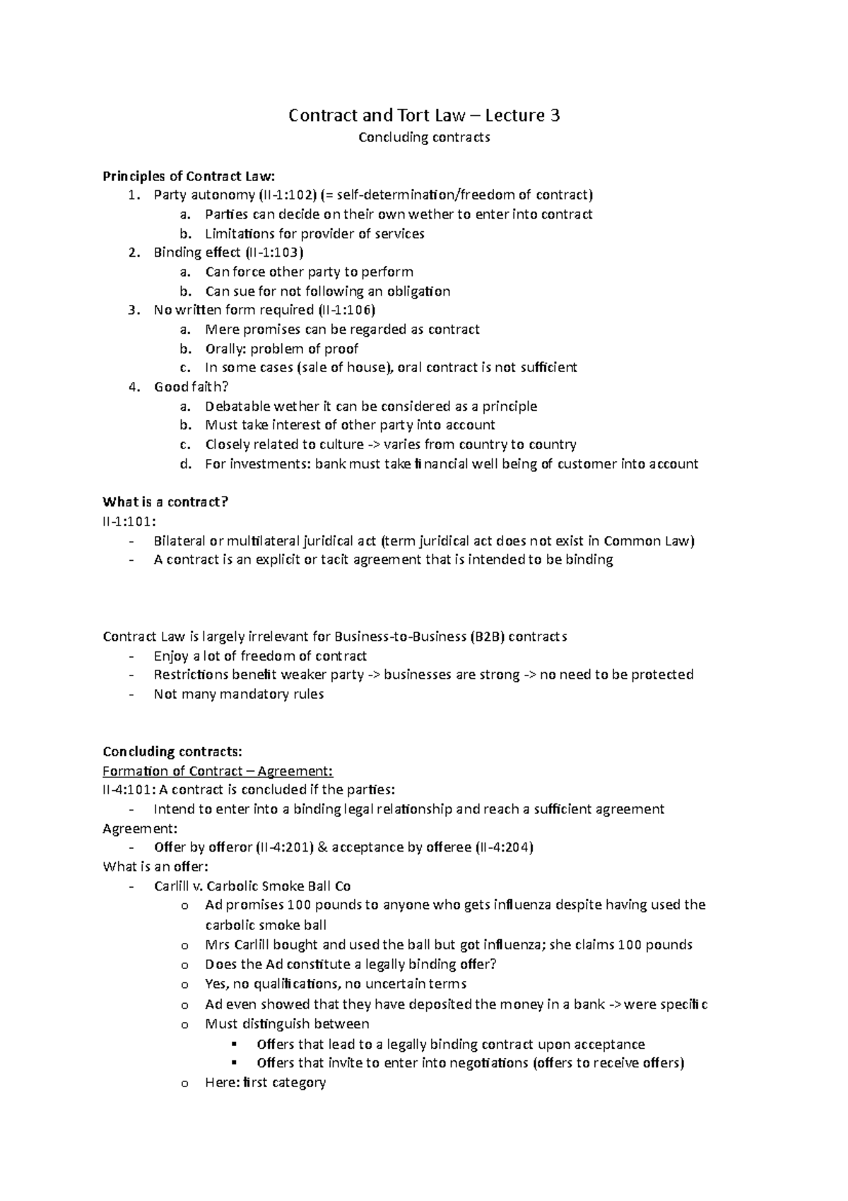 Lecture 3 - Contract and Tort Law – Lecture 3 Concluding contracts Principles of Contract Law: 1 ...