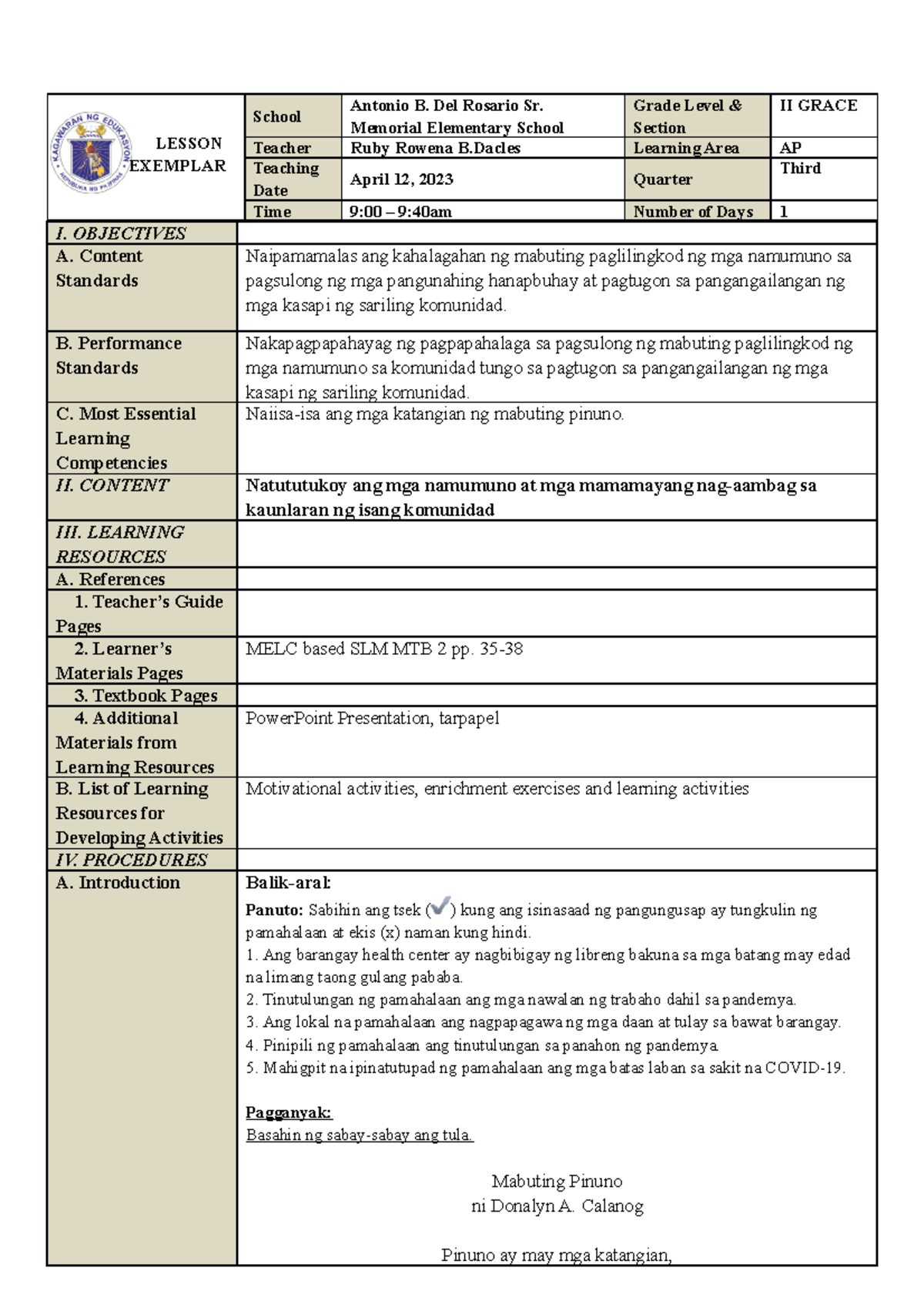 IDEA Exemplar Lesson Plan RUBY Dacles Copy - LESSON EXEMPLAR School ... IDEA Exemplar Lesson Plan RUBY Dacles Copy - LESSON EXEMPLAR School ...
