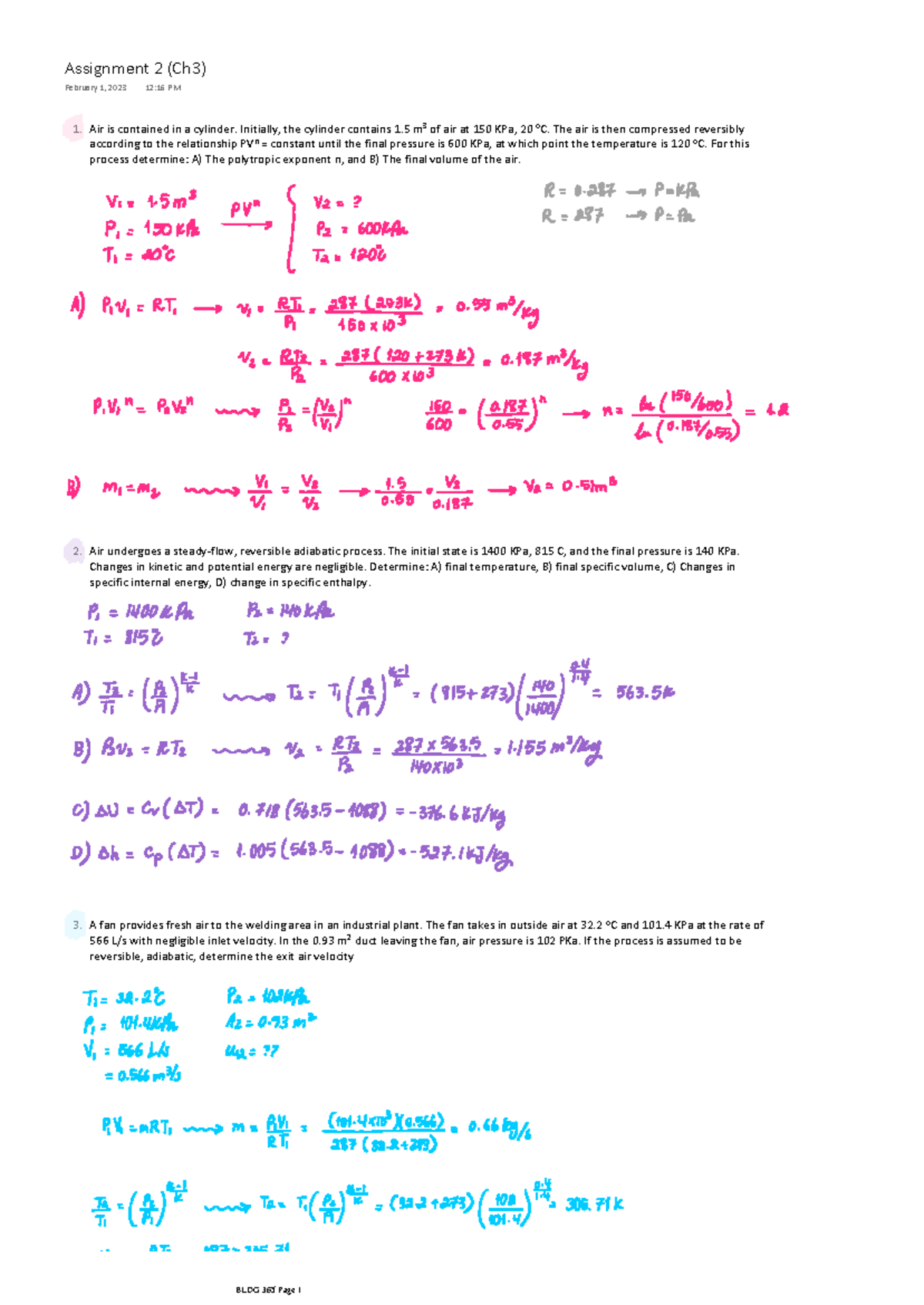 Assignment 2 (Ch3) - Air is contained in a cylinder. Initially, the cylinder contains 1 m 3 of ...