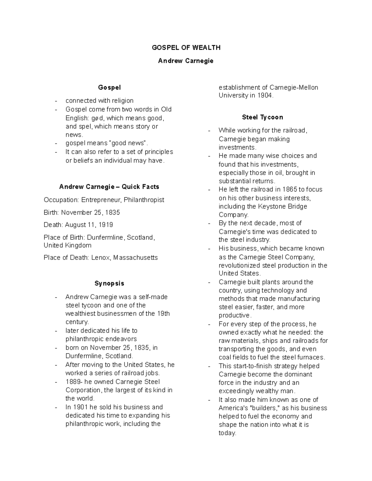 Life of Andrew Carnegie - GOSPEL OF WEALTH Andrew Carnegie Gospel ...