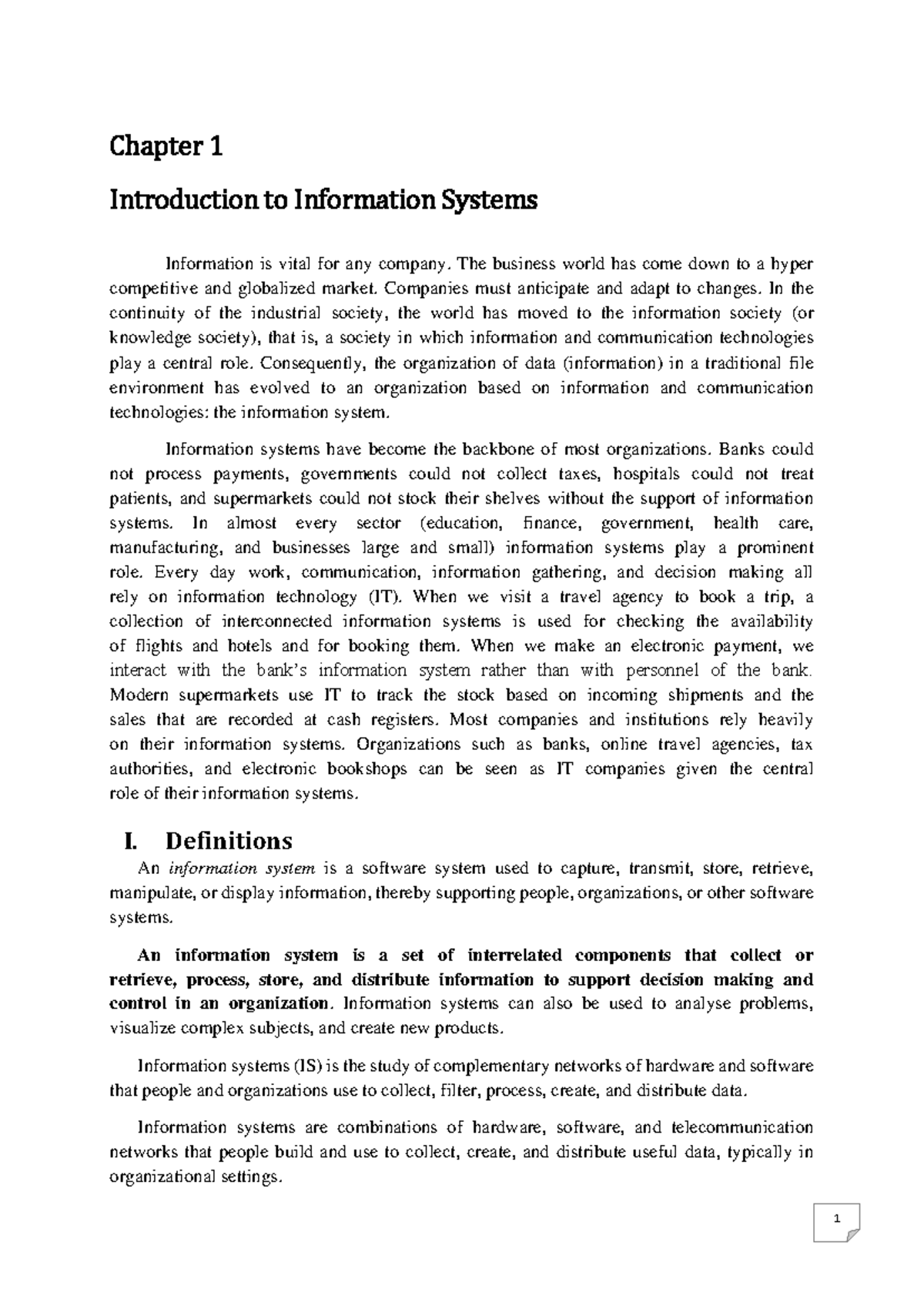 Chapter 1 - Chapter 1 Introduction to Information Systems Information ...