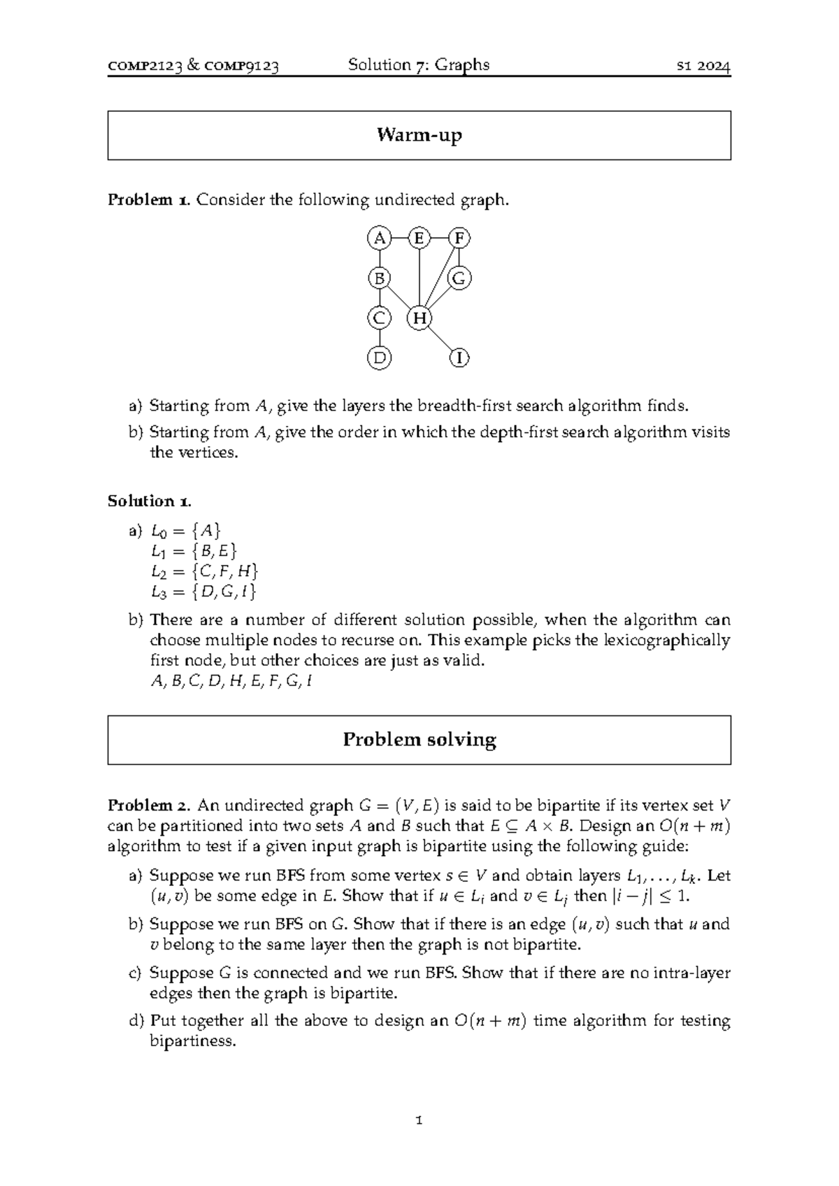 Week 7 - Graphs - tut solution - Warm-up Problem 1. Consider the following undirected graph. A B ...