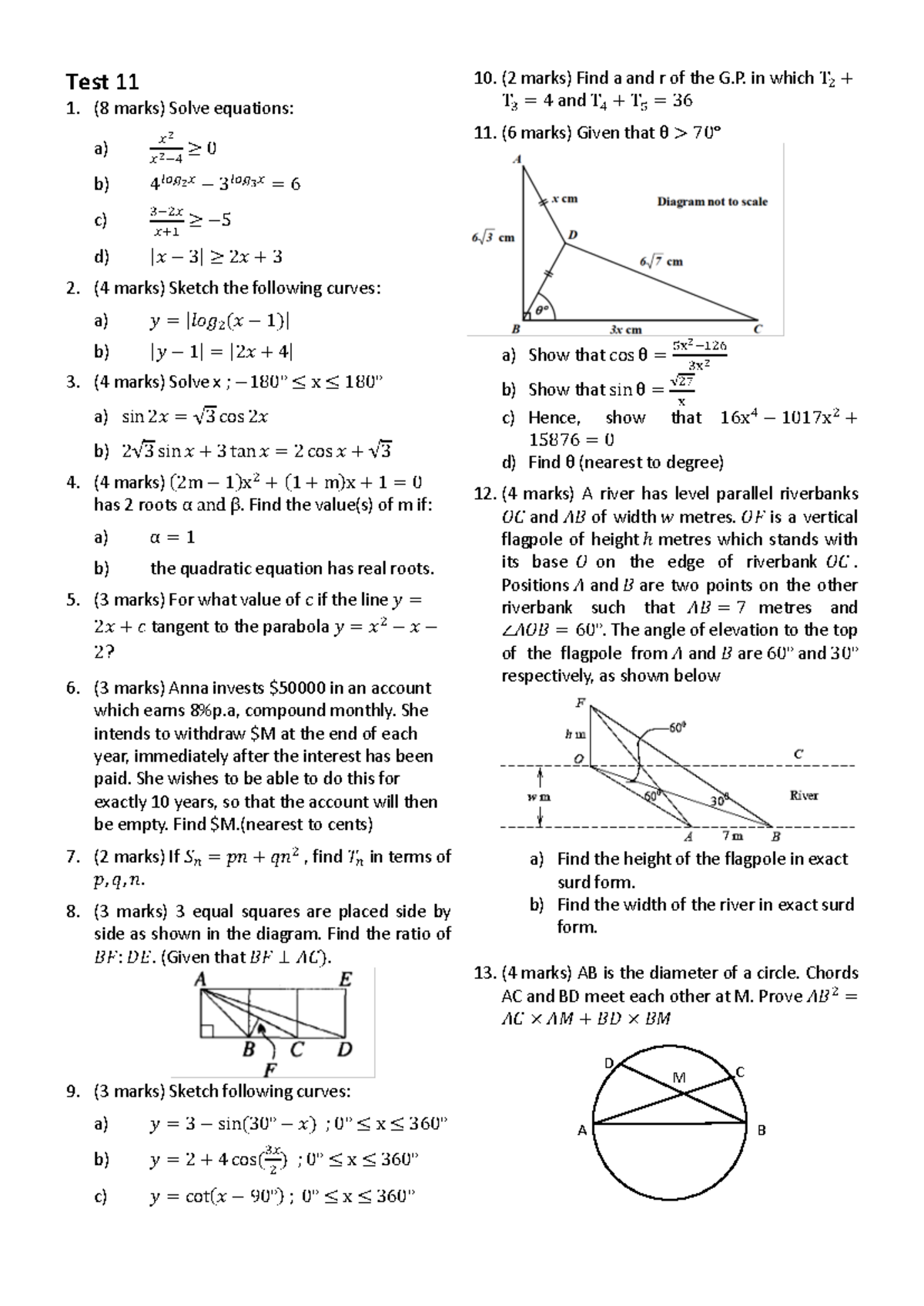 Year 10 Test 11 - test - Test 11 (8 marks) Solve equations: a ...