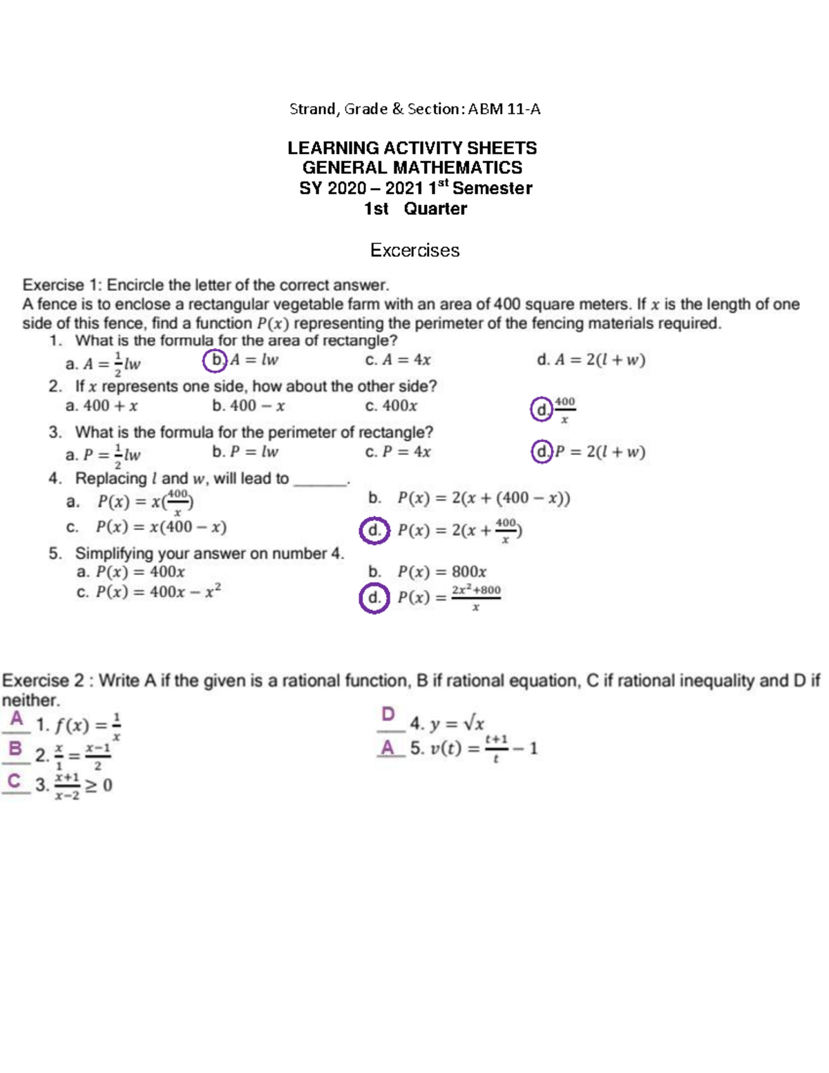 Lesson 2 Rational Functions, Rational Equations and Rational ...